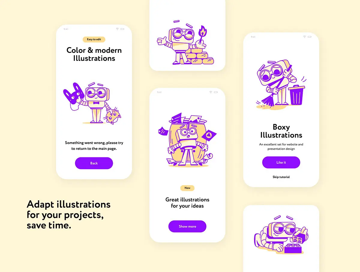 50幅关于机器人助手的彩色情感插图集 Boxy Robos Assistant Illustrations - 格外视觉(uigui.cn ...