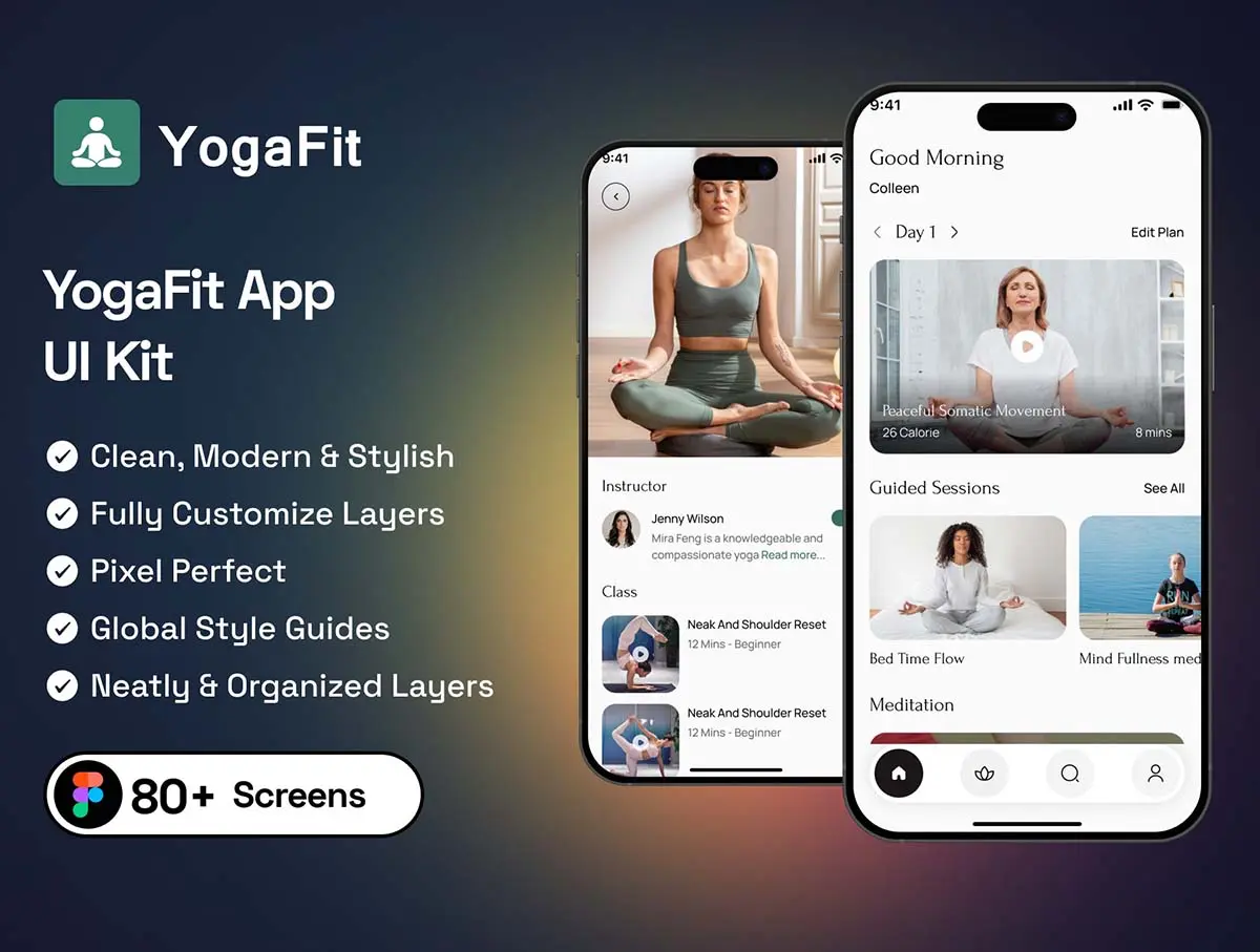 用于瑜伽和健身应用程序的高级 Figma 设计系统 YogaFit App UI Kit – 设计素材网