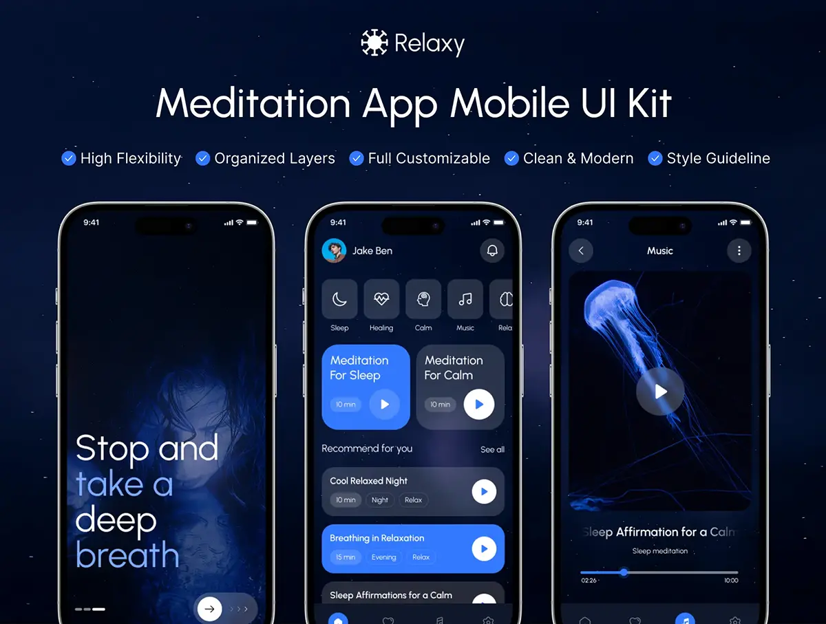 冥想放松应用程序 UI 套件 Relaxy - Meditation & Relax App UI Kit - 格外视觉(uigui.cn ...