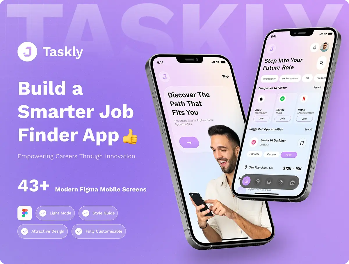 国外在线求职应聘找工作app界面设计紫色ui套件模板 Taskly Job Finder App UI Kit - 格外视觉(uigui.cn)-国外高品质设计素材共享网